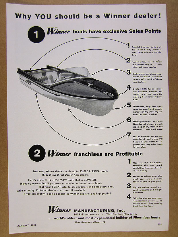 1958 Winner Boats Fiberglass Boat photo vintage print Ad | eBay